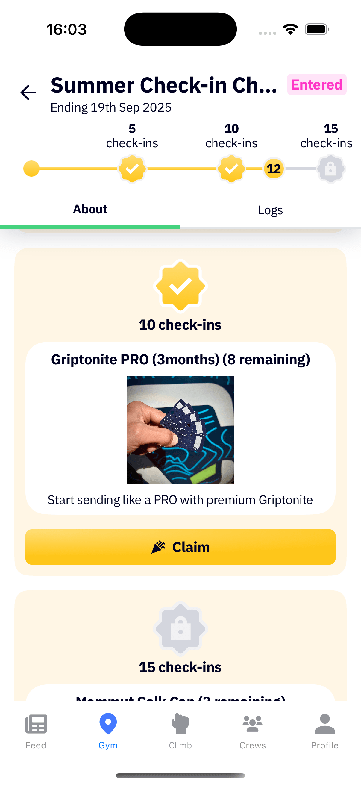 A screenshot of the Griptonite app showing a prize ready to be redeemed